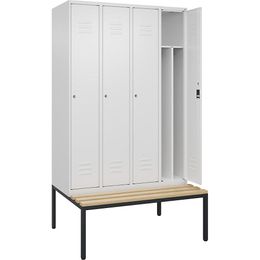 C+P Schwarz-Weiß-Spind Classic PLUS Sitzbank, schmal, 4 Abteile, Trennwand verkürzt, verkehrsweiß, B 1200 mm, Zylinderschloss, untergebaut, Buche-Hartholz