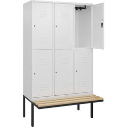 C+P Doppelstock-Spind Classic PLUS Sitzbank, 3 Abteile, verkehrsweiß, B 1200 mm, Zylinderschloss, auskragend, Buche-Hartholz