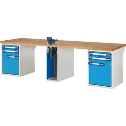 eurokraft pro Werkbank, Baukastensystem Serie 7000, 4 Schubladen, 2 Türen, 1 Schraubstock mittig, BxT 3000 x 900 mm