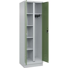 C+P Putzmittelspind Classic PLUS, 1 Abteil, Trennwand mittig, lichtgrau / resedagrün, B 600 mm, mit Bodensockel, Zylinderschloss