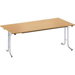 Klapptisch, mit abgerundeten Kanten, Rundrohr-Gestell, Plattenform rechteckig, 1600 x 700 mm, Gestell alufarben, Platte Buche-Dekor kaiserkraft