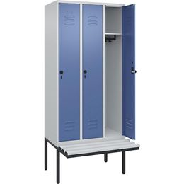 C+P Spind Classic PLUS Sitzbank, 3 Abteile, lichtgrau / fernblau, B 900 mm, Sicherheits-Drehriegel, auskragend, Kunststoff
