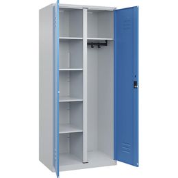 C+P Putzmittelspind Classic PLUS, 1 Abteil, Trennwand mittig, lichtgrau / lichtblau, B 800 mm, mit Bodengleitern, Drehriegel