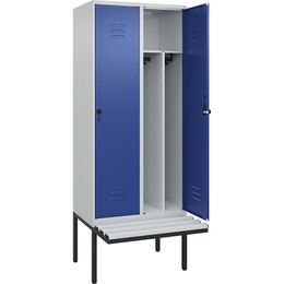C+P Schwarz-Weiß-Spind Classic PLUS Sitzbank, schmal, 2 Abteile, Trennwand verkürzt, lichtgrau / enzianblau, B 800 mm, Sicherheits-Drehriegel, auskragend, Kunststoff
