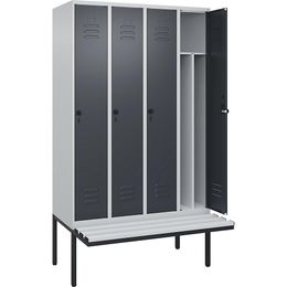 C+P Schwarz-Weiß-Spind Classic PLUS Sitzbank, schmal, 4 Abteile, Trennwand verkürzt, lichtgrau / grau, B 1200 mm, Sicherheits-Drehriegel, auskragend, Kunststoff