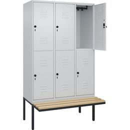 C+P Doppelstock-Spind Classic PLUS Sitzbank, 3 Abteile, lichtgrau, B 1200 mm, Sicherheits-Drehriegel, auskragend, Buche-Hartholz