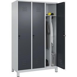 C+P Schwarz-Weiß-Spind Classic PLUS, schmal, 3 Abteile, Trennwand verkürzt, lichtgrau / grau, B 1200 mm, mit Füßen, Drehriegel, Trennwand mittig
