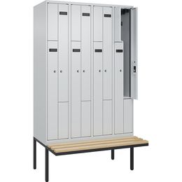 Z-Spind Evolo PLUS Sitzbank, 4 Abteile, lichtgrau / lichtgrau, B 1200 mm, Zylinderschloss, mit auskragender Sitzbank, Buche kaiserkraft