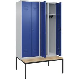 C+P Schwarz-Weiß-Spind Classic PLUS Sitzbank, 2 Abteile, lichtgrau / enzianblau, B 1200 mm, Zylinderschloss, untergebaut, Buche-Hartholz