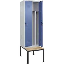C+P Schwarz-Weiß-Spind Classic PLUS Sitzbank, schmal, 2 Abteile, Trennwand verkürzt, lichtgrau / fernblau, B 600 mm, Sicherheits-Drehriegel, untergebaut, Buche-Hartholz
