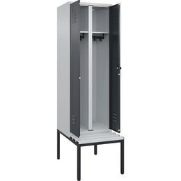 C+P Schwarz-Weiß-Spind Classic PLUS Sitzbank, 1 Abteil, lichtgrau / grau, B 600 mm, Sicherheits-Drehriegel, untergebaut, Kunststoff