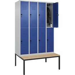 C+P Doppelstock-Spind Classic PLUS Sitzbank, 4 Abteile, lichtgrau / enzianblau, B 1200 mm, Sicherheits-Drehriegel, untergebaut, Buche-Hartholz