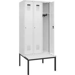 Spind Evolo PLUS Sitzbank, 3 Abteile, weiß, B 900 mm, Zylinderschloss, mit untergebauter Sitzbank, Kunststoff kaiserkraft
