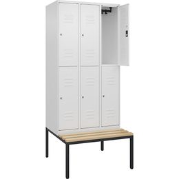 C+P Doppelstock-Spind Classic PLUS Sitzbank, 3 Abteile, verkehrsweiß, B 900 mm, Zylinderschloss, untergebaut, Buche-Hartholz