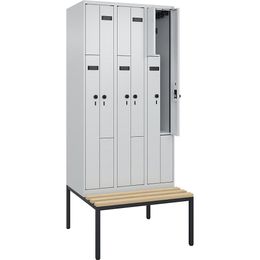 Z-Spind Evolo PLUS Sitzbank, 3 Abteile, lichtgrau / lichtgrau, B 900 mm, Sicherheits-Drehriegel, mit untergebauter Sitzbank, Buche kaiserkraft
