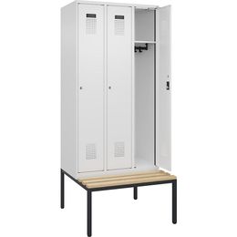 Spind Evolo PLUS Sitzbank, 3 Abteile, weiß, B 900 mm, Zylinderschloss, mit untergebauter Sitzbank, Buche kaiserkraft