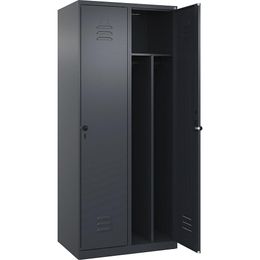 C+P Schwarz-Weiß-Spind Classic PLUS, schmal, 2 Abteile, Trennwand verkürzt, grau, B 800 mm, mit Bodengleitern, Drehriegel, Trennwand mittig