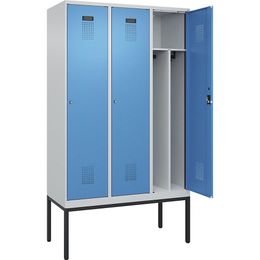 Schwarz-Weiß-Spind Evolo PLUS, schmal, 3 Abteile, Trennwand verkürzt, lichtgrau / lichtblau, B 1200 mm, mit schmalen Füßen, Zylinderschloss kaiserkraft