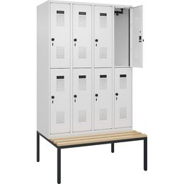 Doppelstock-Spind Evolo PLUS Sitzbank, 4 Abteile, weiß, B 1200 mm, Sicherheits-Drehriegel, mit untergebauter Sitzbank, Buche kaiserkraft
