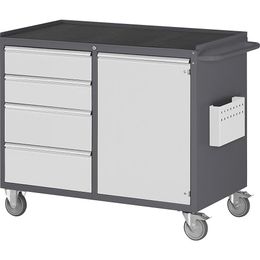 Rau Kompaktwerkbänke, fahrbar, 4 Schubladen, 1 Tür, Metallablage mit Gummimatte, anthrazit / lichtgRau