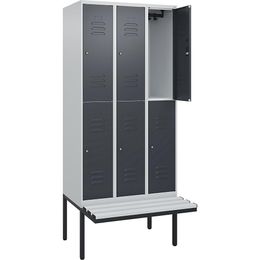C+P Doppelstock-Spind Classic PLUS Sitzbank, 3 Abteile, lichtgrau / grau, B 900 mm, Zylinderschloss, auskragend, Kunststoff