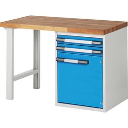 eurokraft pro Werkbank, Baukastensystem Serie 7000, 2 Schubladen, 1 Schrank, Tiefe 700 mm, BxT 1250 x 700 mm