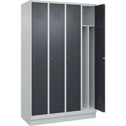 C+P Schwarz-Weiß-Spind Classic PLUS, schmal, 4 Abteile, Trennwand verkürzt, lichtgrau / grau, B 1200 mm, mit Bodensockel, Zylinderschloss, Trennwand mittig