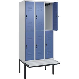 C+P Doppelstock-Spind Classic PLUS Sitzbank, 3 Abteile, lichtgrau / fernblau, B 900 mm, Sicherheits-Drehriegel, auskragend, Kunststoff