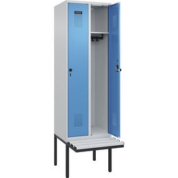 Spind Evolo PLUS Sitzbank, 2 Abteile, lichtgrau / lichtblau, B 600 mm, Sicherheits-Drehriegel, mit auskragender Sitzbank, Kunststoff kaiserkraft