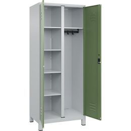 C+P Putzmittelspind Classic PLUS, 1 Abteil, Trennwand mittig, lichtgrau / resedagrün, B 800 mm, mit Füßen, Drehriegel