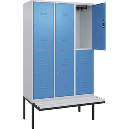C+P Doppelstock-Spind Classic PLUS Sitzbank, 3 Abteile, lichtgrau / lichtblau, B 1200 mm, Zylinderschloss, auskragend, Kunststoff
