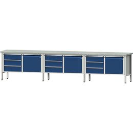 ANKE Werkbank extrabreit, Gestellbauweise, 3 Türen, 9 Schubladen mit Vollauszug, Arbeitshöhe 890 mm, Stahlblechbelagplatte