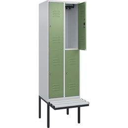 C+P Doppelstock-Spind Classic PLUS Sitzbank, 2 Abteile, lichtgrau / resedagrün, B 600 mm, Zylinderschloss, auskragend, Kunststoff