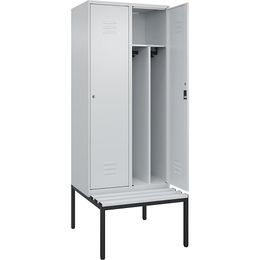 C+P Schwarz-Weiß-Spind Classic PLUS Sitzbank, schmal, 2 Abteile, Trennwand verkürzt, lichtgrau, B 800 mm, Zylinderschloss, untergebaut, Kunststoff