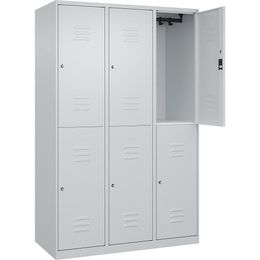C+P Doppelstock-Spind Classic PLUS, 3 Abteile, lichtgrau, HxB 1850 x 1200 mm, mit Bodengleitern, Zylinderschloss