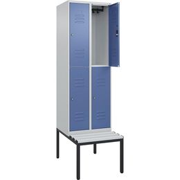 C+P Doppelstock-Spind Classic PLUS Sitzbank, 2 Abteile, lichtgrau / fernblau, B 600 mm, Zylinderschloss, untergebaut, Kunststoff