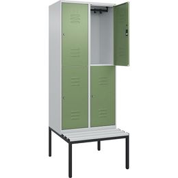 C+P Doppelstock-Spind Classic PLUS Sitzbank, 2 Abteile, lichtgrau / resedagrün, B 800 mm, Zylinderschloss, untergebaut, Kunststoff