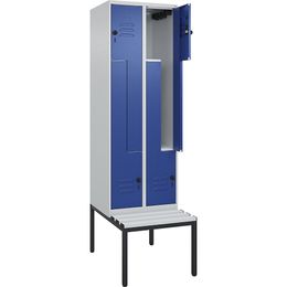 C+P Z-Spind Classic PLUS Sitzbank, 2 Abteile, lichtgrau / enzianblau, B 600 mm, Sicherheits-Drehriegel, untergebaut, Kunststoff