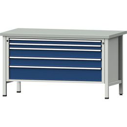 ANKE Werkbank mit XL/XXL-Schubladen, Gestellbauweise, Breite 1500 mm, 5 Schubladen, Stahlblechbelagplatte, Front enzianblau