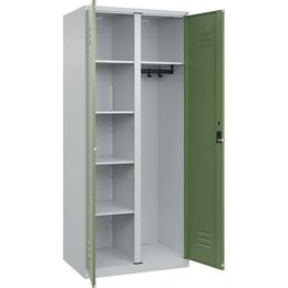 C+P Putzmittelspind Classic PLUS, 1 Abteil, Trennwand mittig, lichtgrau / resedagrün, B 800 mm, mit Bodengleitern, Drehriegel