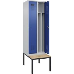 Schwarz-Weiß-Spind Evolo PLUS Sitzbank, schmal, 2 Abteile, Trennwand verkürzt, lichtgrau / enzianblau, B 600 mm, Zylinderschloss, mit untergebauter Sitzbank, Buche kaiserkraft