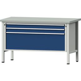 ANKE Werkbank 1500 mm breit, Gestellbauweise, 3 Schubladen à 2 x 90, 1 x 360 mm, Stahlblechbelagplatte, Höhe 890 mm