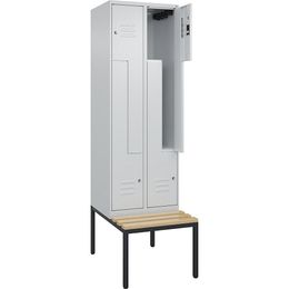 C+P Z-Spind Classic PLUS Sitzbank, 2 Abteile, lichtgrau, B 600 mm, Zylinderschloss, untergebaut, Buche-Hartholz