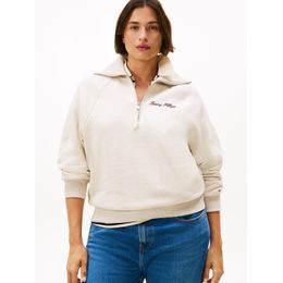 Sweatshirt Tommy Hilfiger Curve "CRV CLASSIC SCRIPT FLEECE 1/2ZIP", Damen, Gr. 46, heather oatmilk, Sweatware, Obermaterial: 77% Baumwolle, 23% Polyester, unifarben, Casual, Bündchen, Sweatshirts, in großen Größen