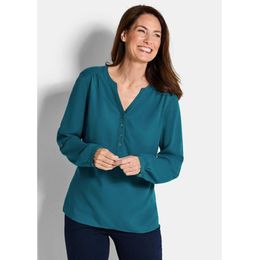 GOLDNER Kurzgr&ouml;&szlig;e: Elegante Viskosebluse mit V-Ausschnitt in petrol | Gr.: 23