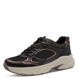 Plateausneaker Tamaris, Damen, Gr. 36, schwarz (schwarz, bronzefarben), Textil, metallic, Sportlich, Schuhe, Freizeitschuh, Halbschuh, Schnürer, Details in Metallicoptik