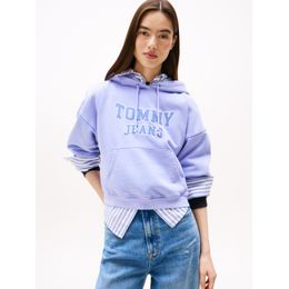Kapuzensweatshirt Tommy Jeans "TJW BXY CRP VARSITY HOODIE", Damen, Gr. L (40), vintage iris, Sweatware, Obermaterial: 100% Baumwolle, bedruckt, Sweatshirts