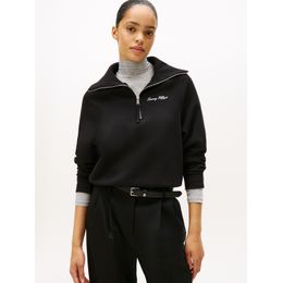 Sweatshirt Tommy Hilfiger "CLASSIC SCRIPT FLEECE HALF-ZIP", Damen, Gr. XXL(44), schwarz, Sweatware, Obermaterial: 77% Baumwolle, 23% Polyester, unifarben, Casual, normal, hoch geschlossener Ausschnitt, Sweatshirts