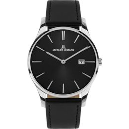 Jacques Lemans Quarzuhr &raquo;London&laquo; Armbanduhr, Damenuhr, Herrenuhr, Datum, Lederarmband schwarz Klassische Uhr f&uuml;r Sie & Ihn
