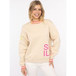Zwillingsherz Damen Sweatshirt &raquo;"Alissa"&laquo;, mit SMILE PRINT, Kontrastb&uuml;ndchen, gesticktem Herz am Arm beige L/XL